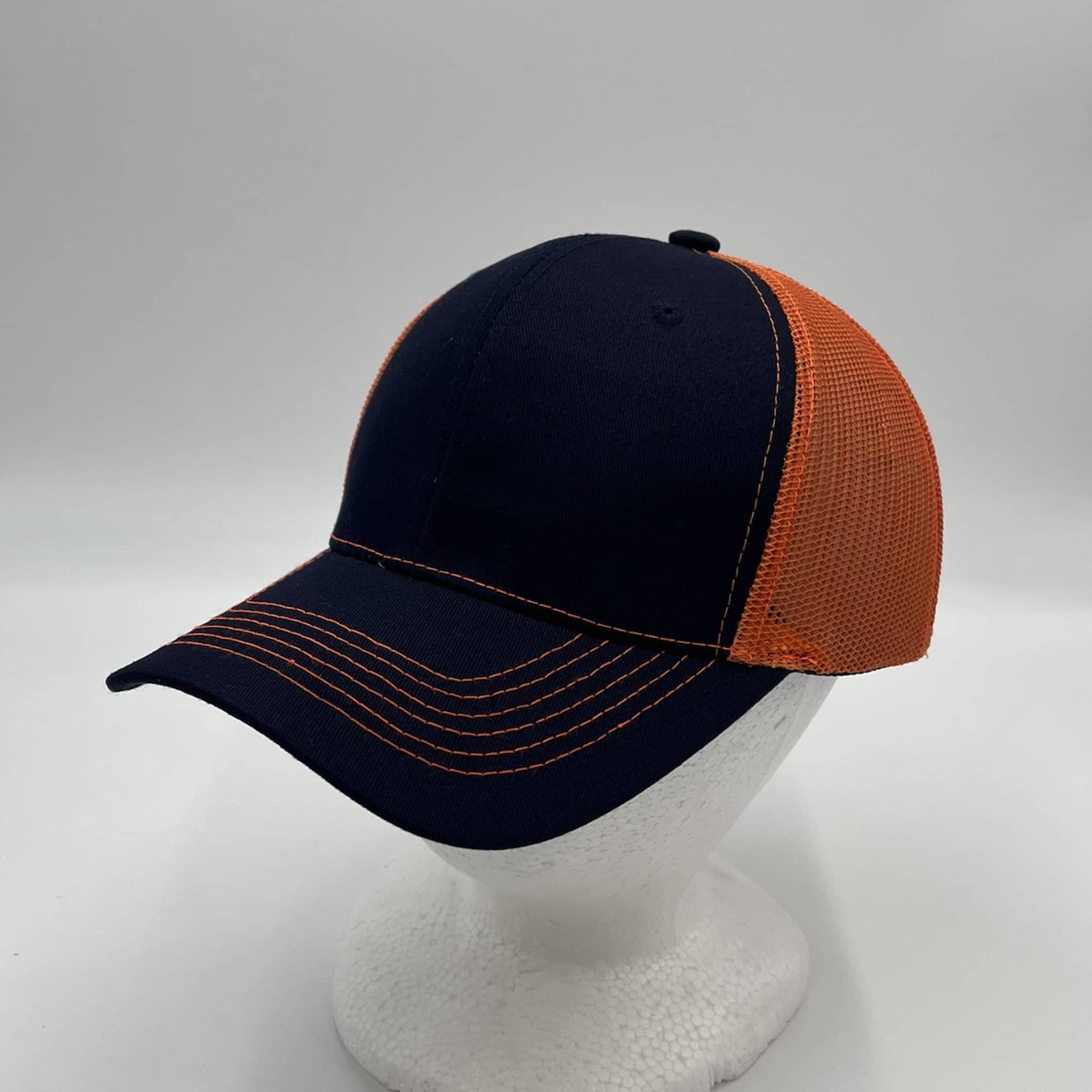 Alpha Omega Cap Plain Curve 6 Panel Trucker Navy Blue and Orange Mesh